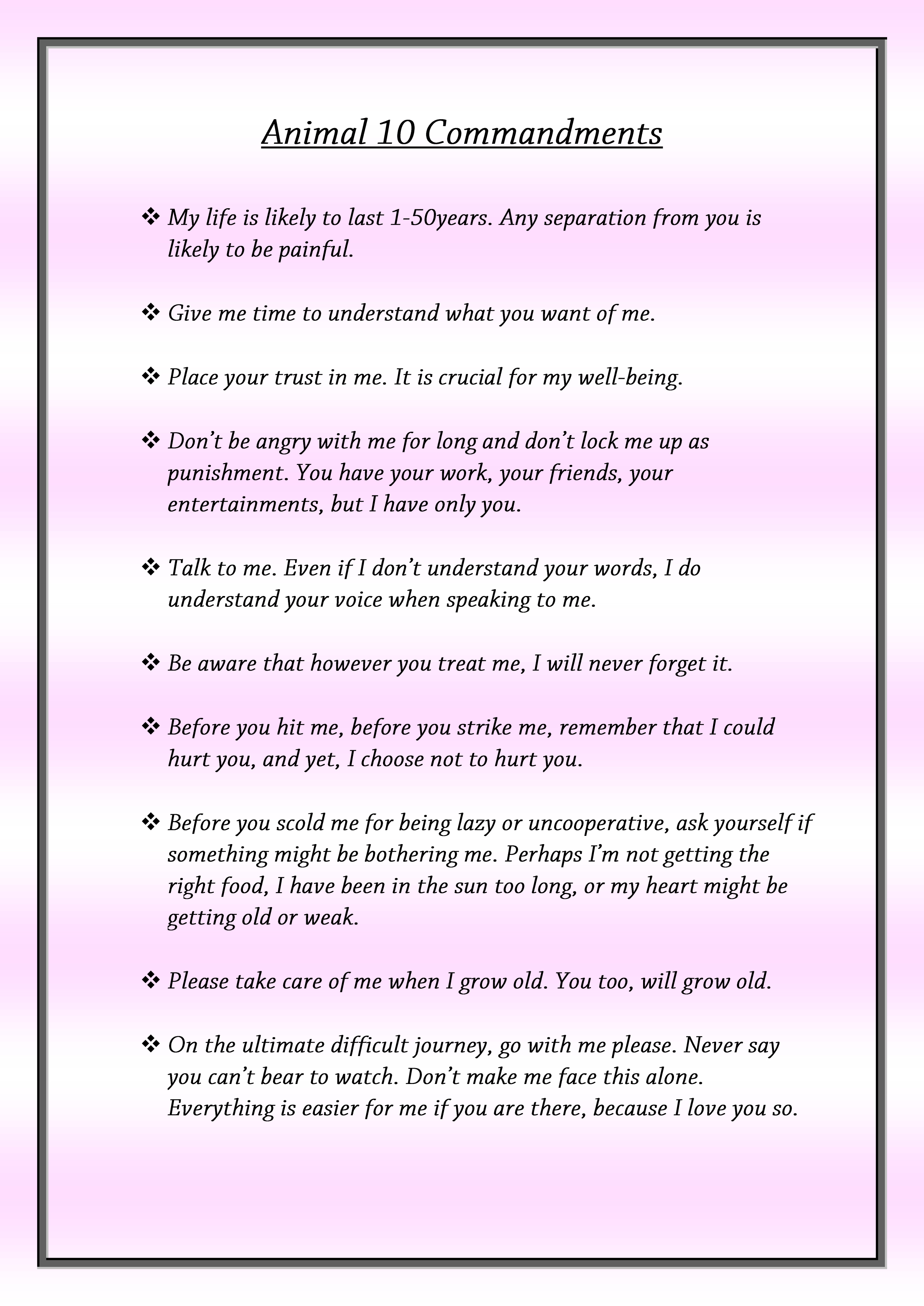 Animal 10 Commandments – The SunBird Collective